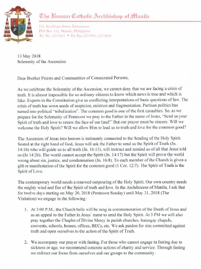 Letter from the Cardinal – Sangguniang Laiko ng Pilipinas