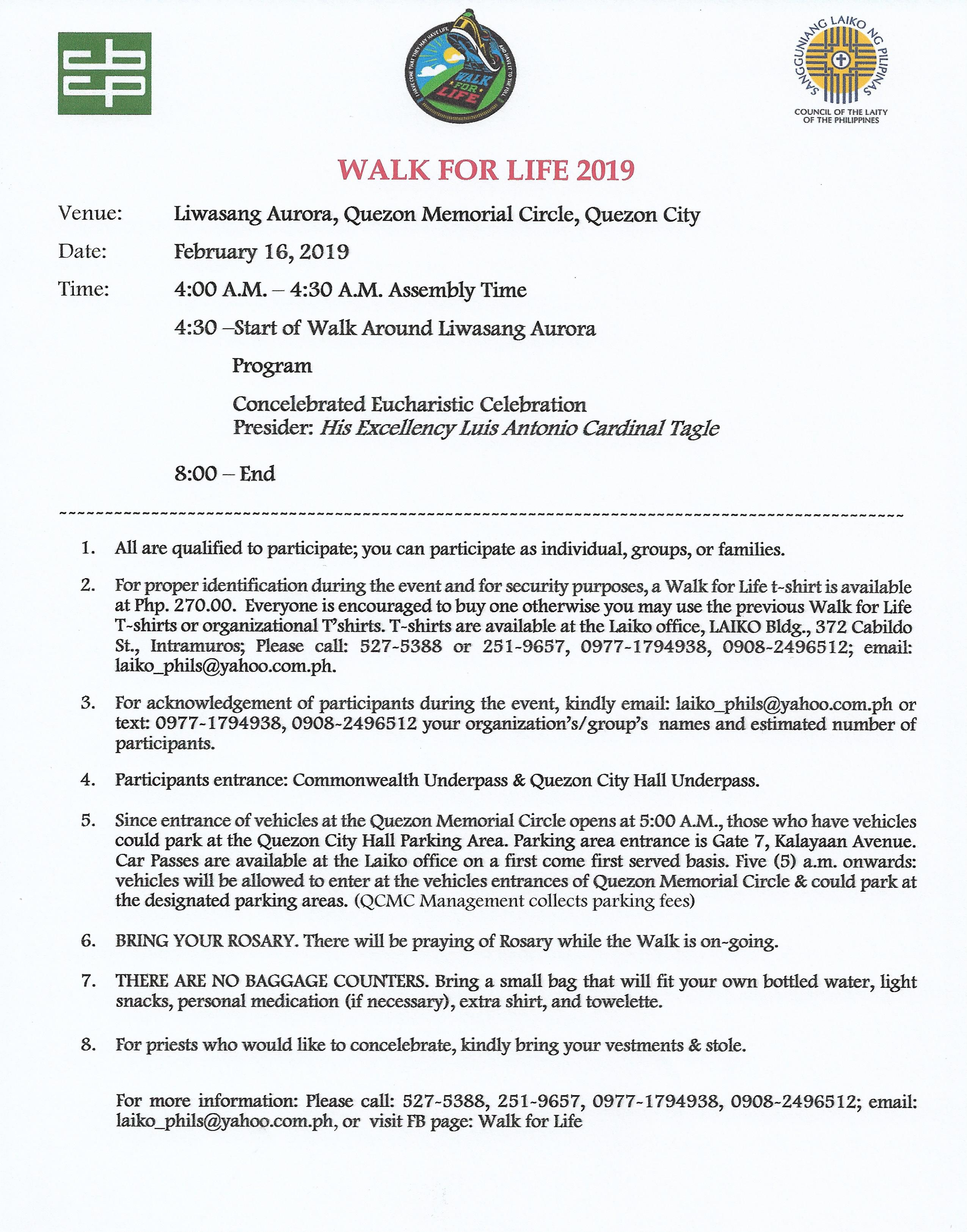 Walk for Life Advisory – Sangguniang Laiko ng Pilipinas